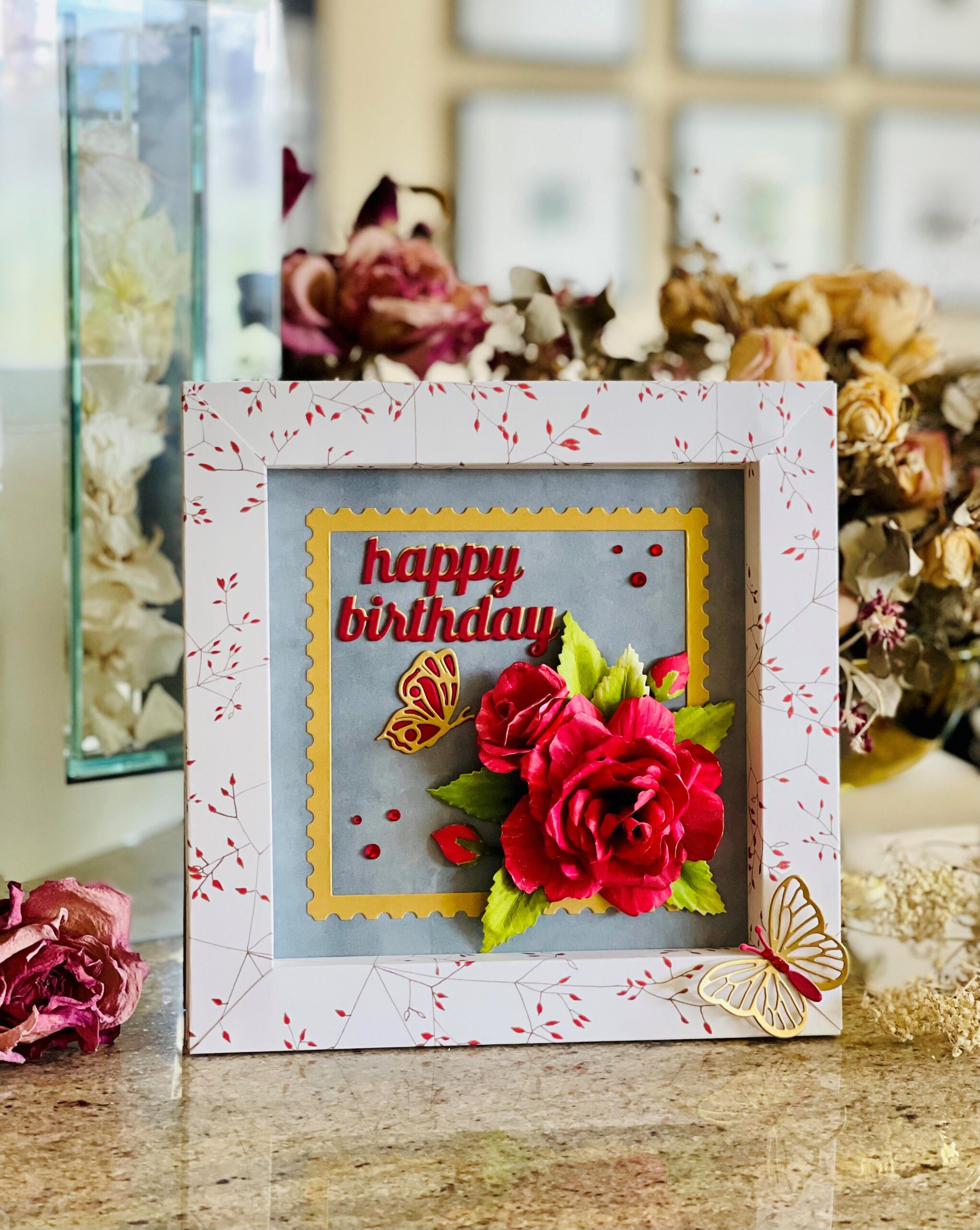 Framed Floribunda Rose Birthday Card